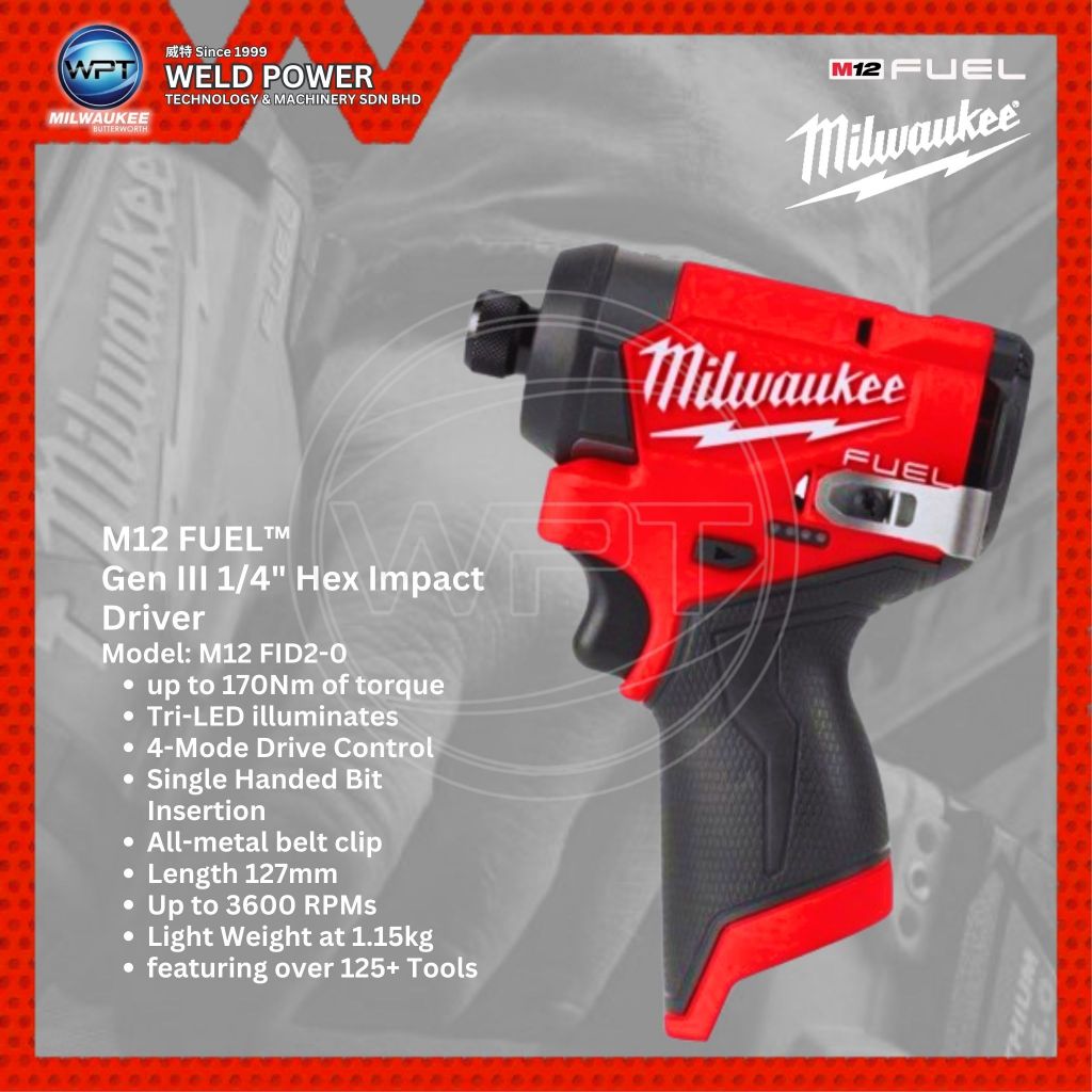Milwaukee M12 FUEL™ Gen III 1/4" Hex Impact Driver (Model: M12 FID2-0 ...
