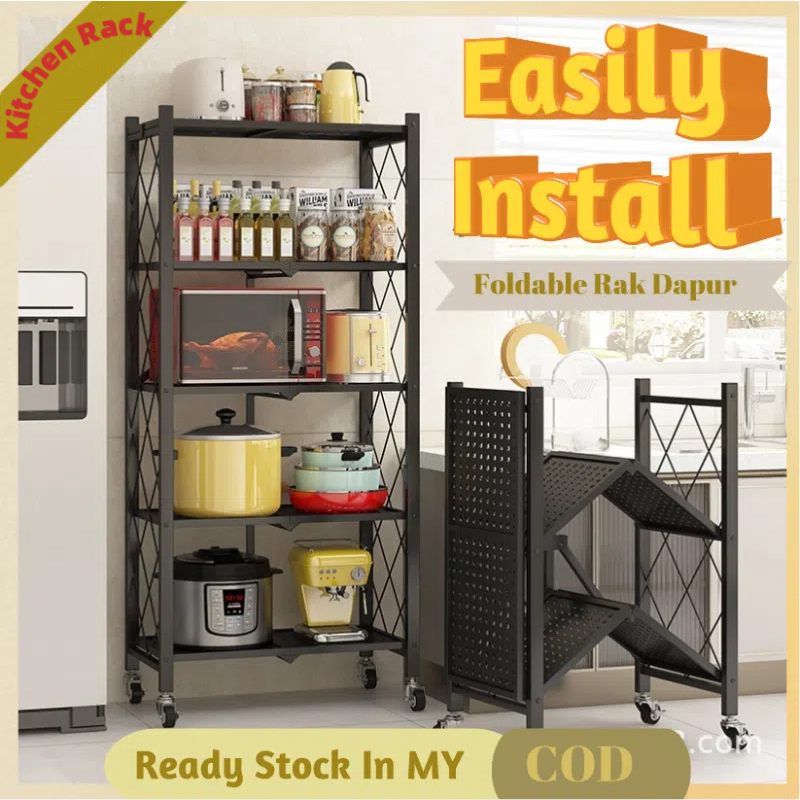 Foldable Rack Dapur with Wheel Kitchen Cabinet, Stainless Steel ...