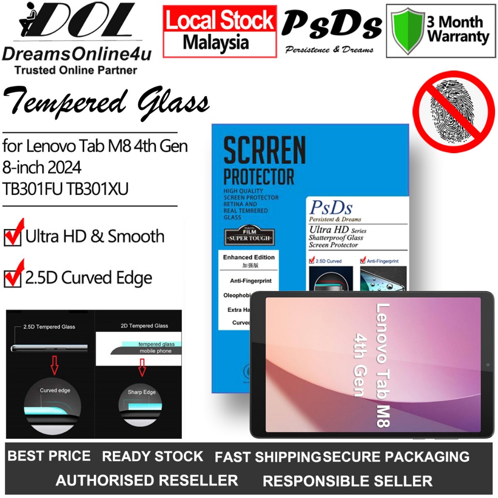PsDs Lenovo Tab M8 4th Gen 8-inch 2024 TB301FU TB301XU 2.5D Curved Edge ...