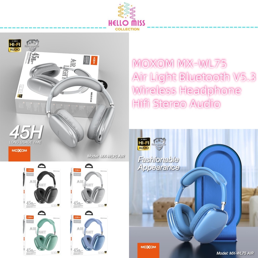 MOXOM MX-WL75 Air Light Bluetooth V5.3 45H Long Time Play Wireless Headphone Hifi Stereo Audio ...