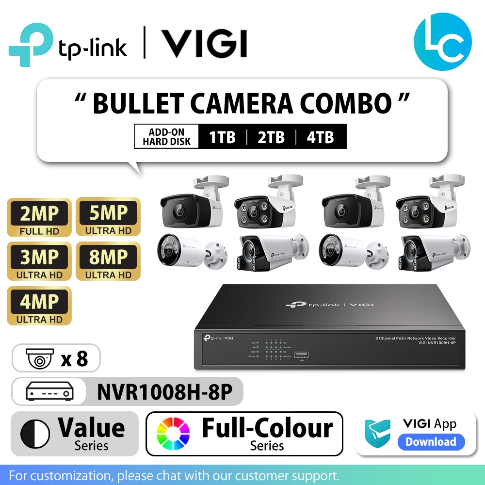 TP-Link VIGI CCTV 8 Channel Bundle Set PoE Wired Bullet IP Camera C320I ...