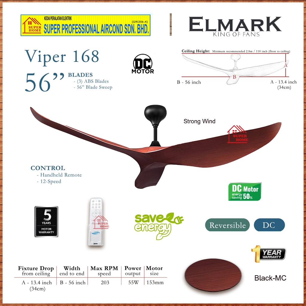 Elmark Ceiling Fan Viper 168 56 inch Remote Control ((DC Motor)) BLACK MC | Shopee Malaysia