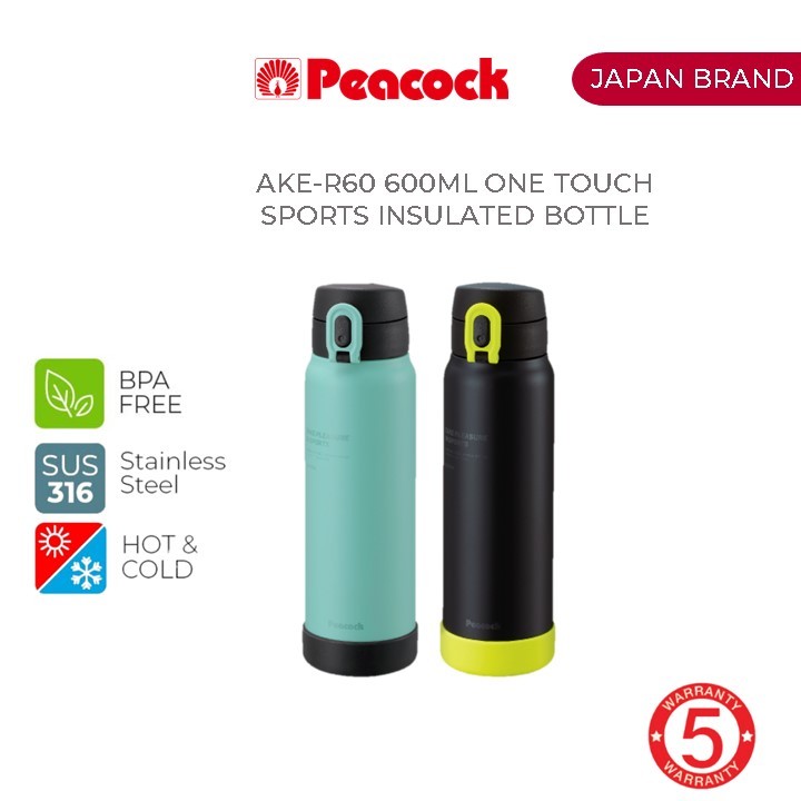 PEACOCK AKE-R60 One Touch Sports Insulated Vacuum Bottle SUS316 Stainless Steel Leak Proof Botol ...