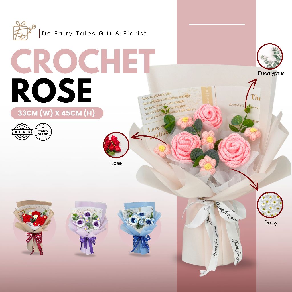Flower Bouquet Stitched Blossoms Crochet Flower Bouquet 3 Stalk Rose 5 ...