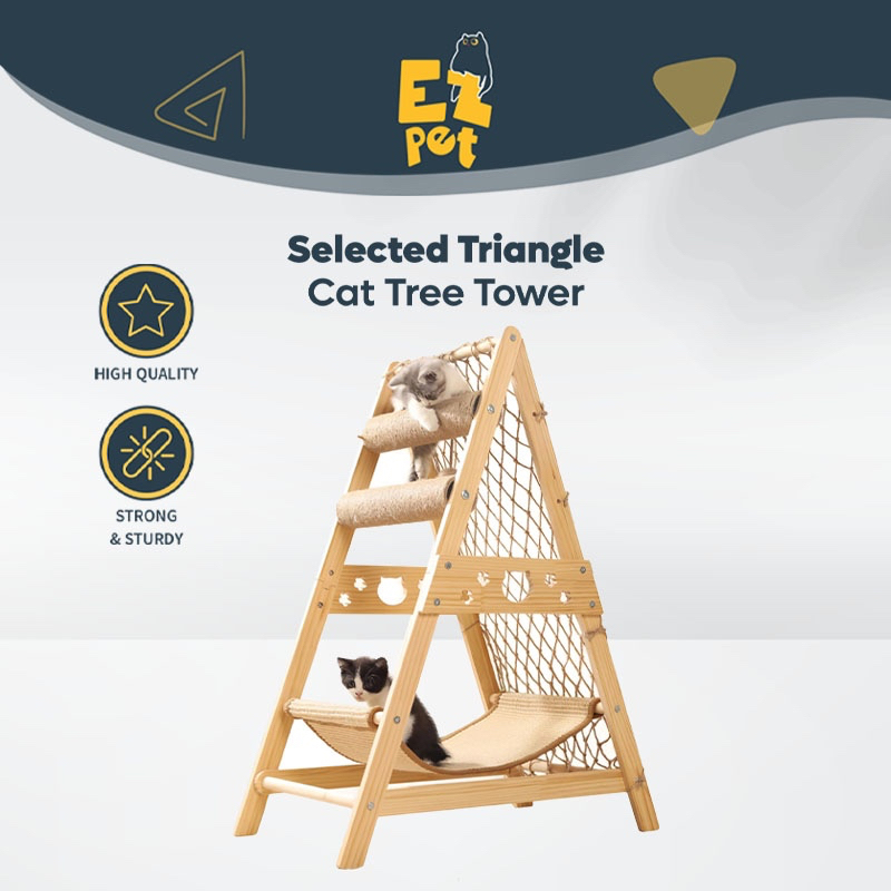 EZPET🐱【Selected Triangle Cat Tree Tower】Wooden Cat Tree Sisal Scratcher ...