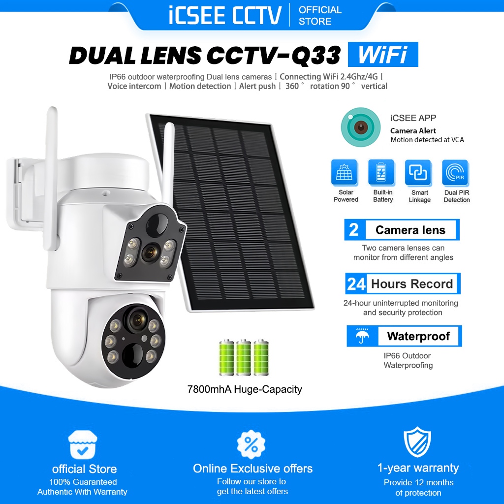 ICSEE CCTV Solar Wireless Outdoor 4MP Dual Lens 1080P FHD 360° IP66 ...