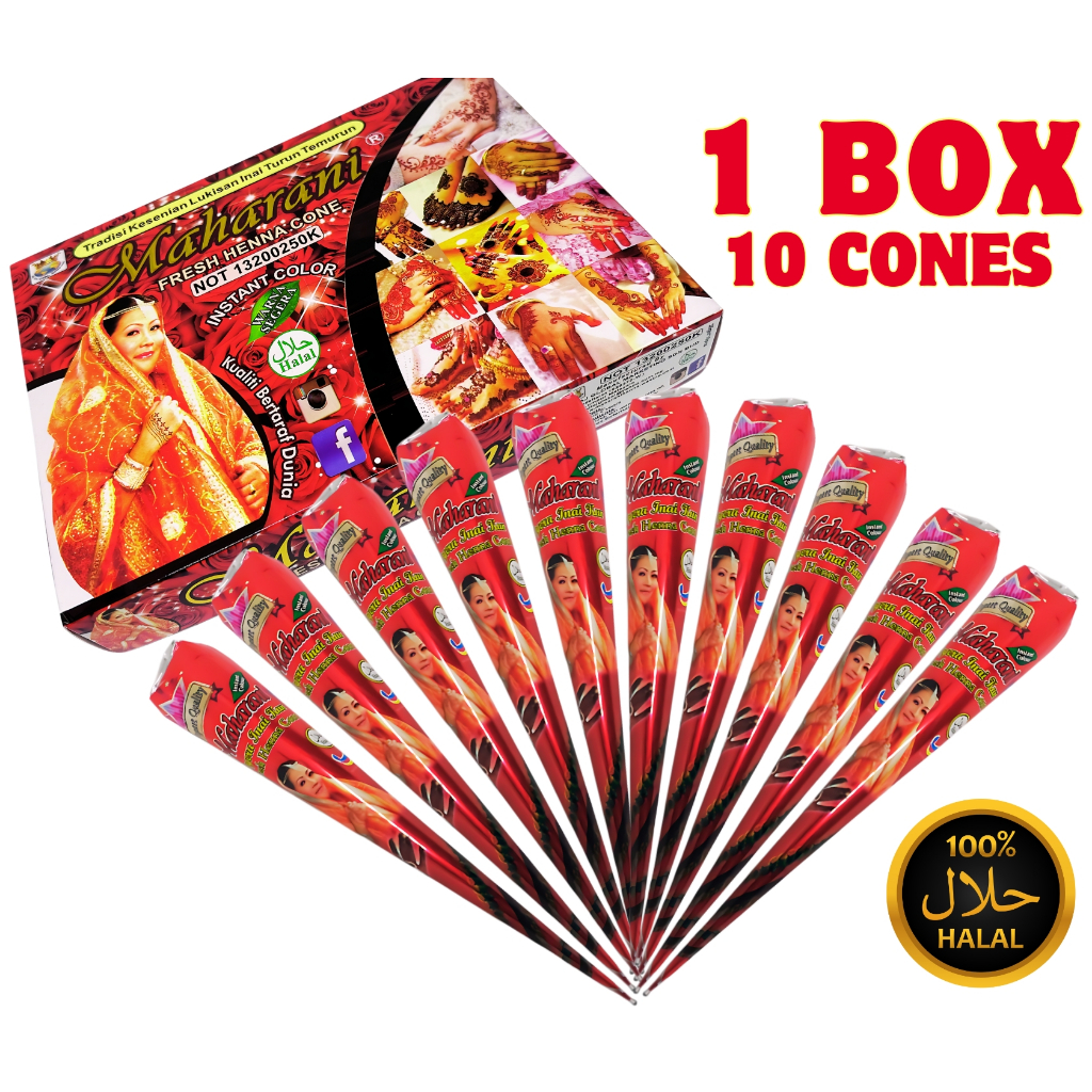 Maharani Fresh halal Henna Cone Inai Kon 1 Box of 10 Pcs 40G Lukis Size ...