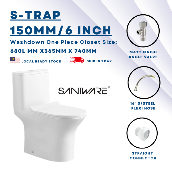SANIWARE One Piece 6 INCH 150mm S-Trap Rimless Washdown WC Water Closet ...