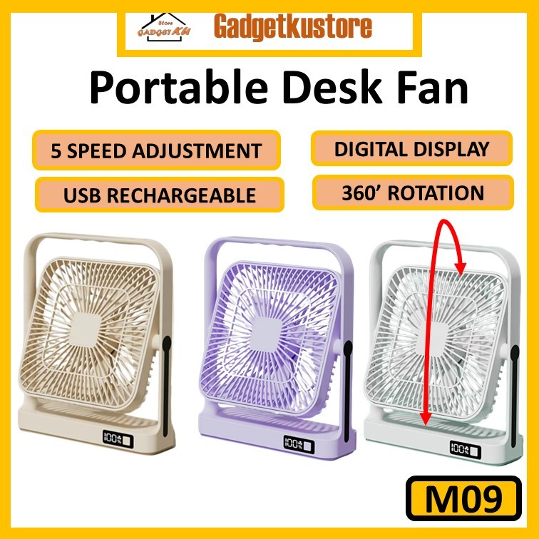 M09 Portable Desk Fan 360 Degree Rotation 5 level speed wind USB Rechargeable Digital Display ...