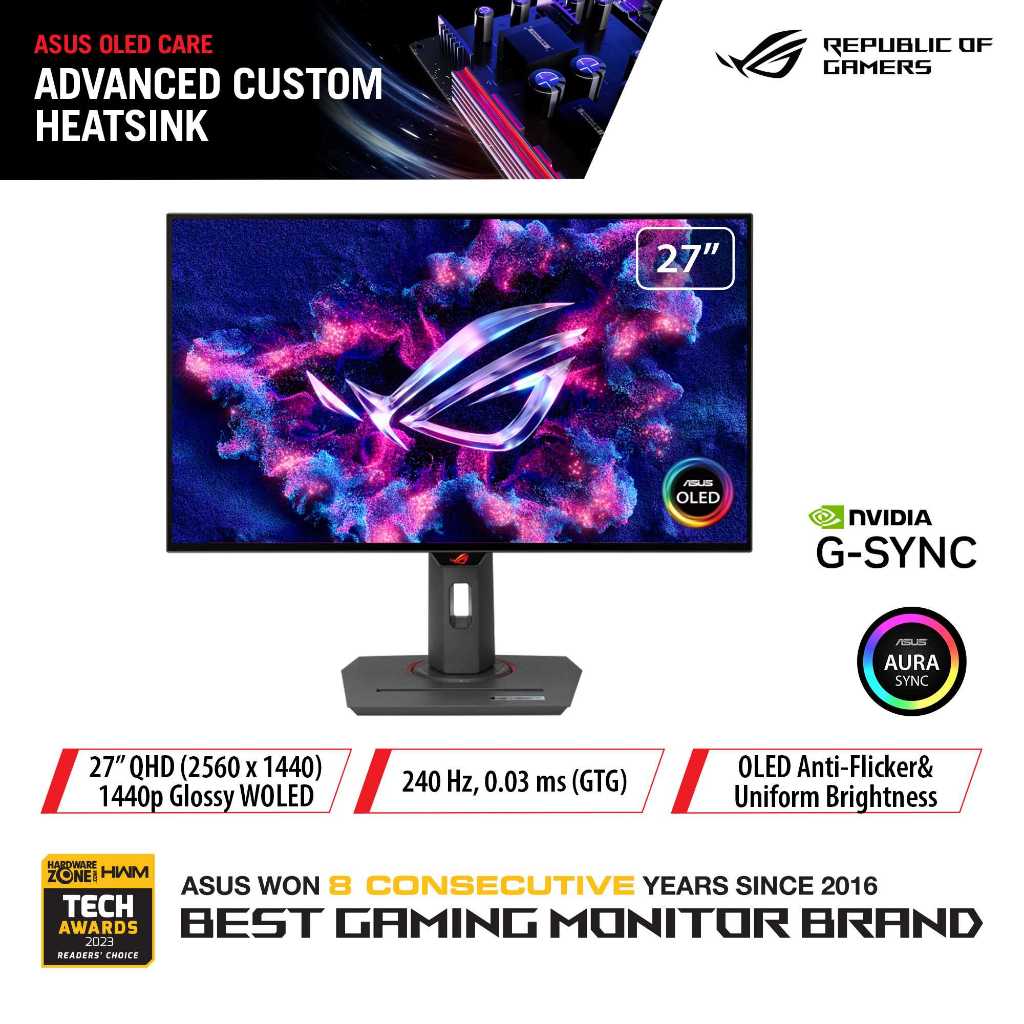 ASUS ROG Strix OLED XG27AQDMG gaming monitor ― 27-inch 1440P glossy WOLED, 240Hz, 0.03ms, custom ...