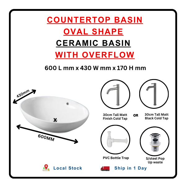 Premium Bathroom 600mm Oval Countertop Ceramic Basin Sink Sinki with ...