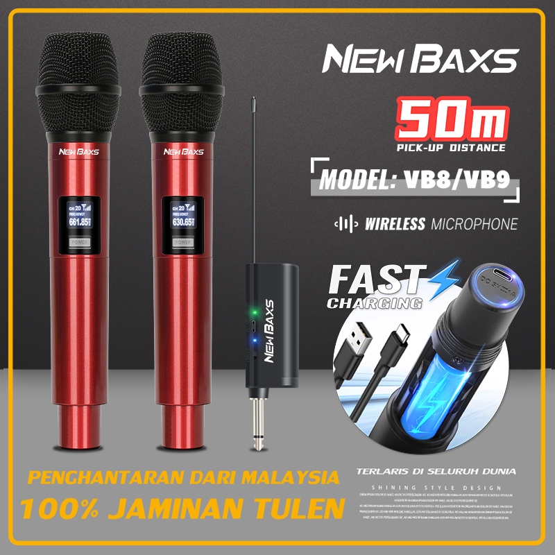 New Baxs microphone Tanpa Wayar Profesional VB8 / VB9 Mikrofon Tanpa Wayar Asal 50m Jarak ...