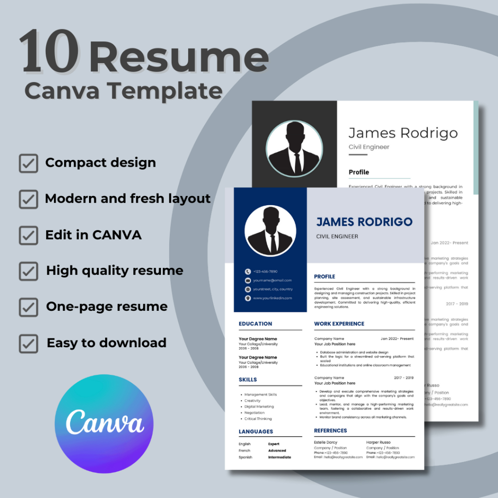 10 Modern Resume Template With Photo | Compact Resume Template | One ...