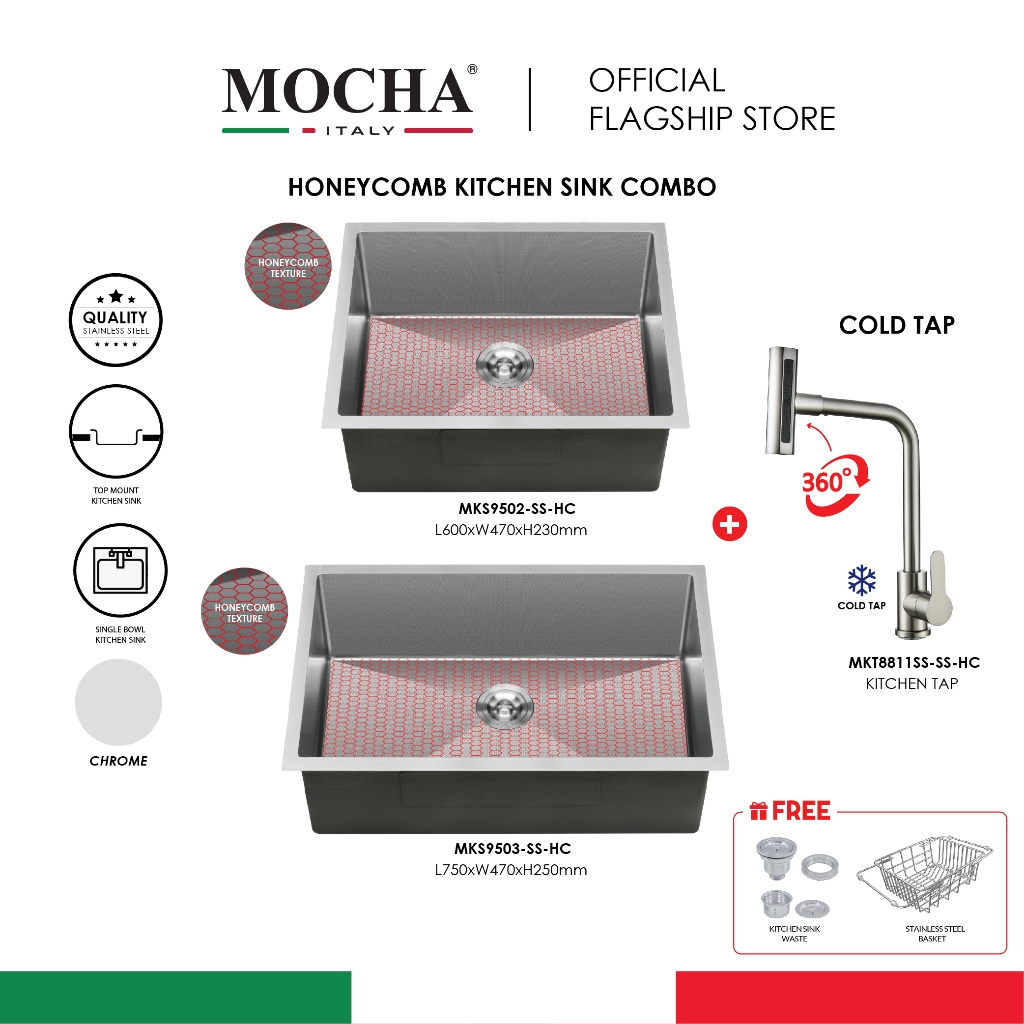 MOCHA SUS304 Honeycomb Undermount Kitchen Sink MKS9502-SS-HC Single ...