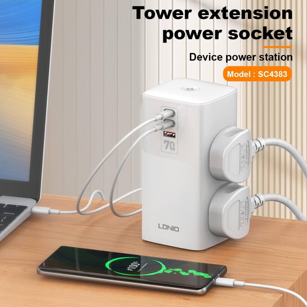 LDNIO SC4383 70W Tower Extension Power Socket Charger / 2 PD + 1 QC3.0 ...