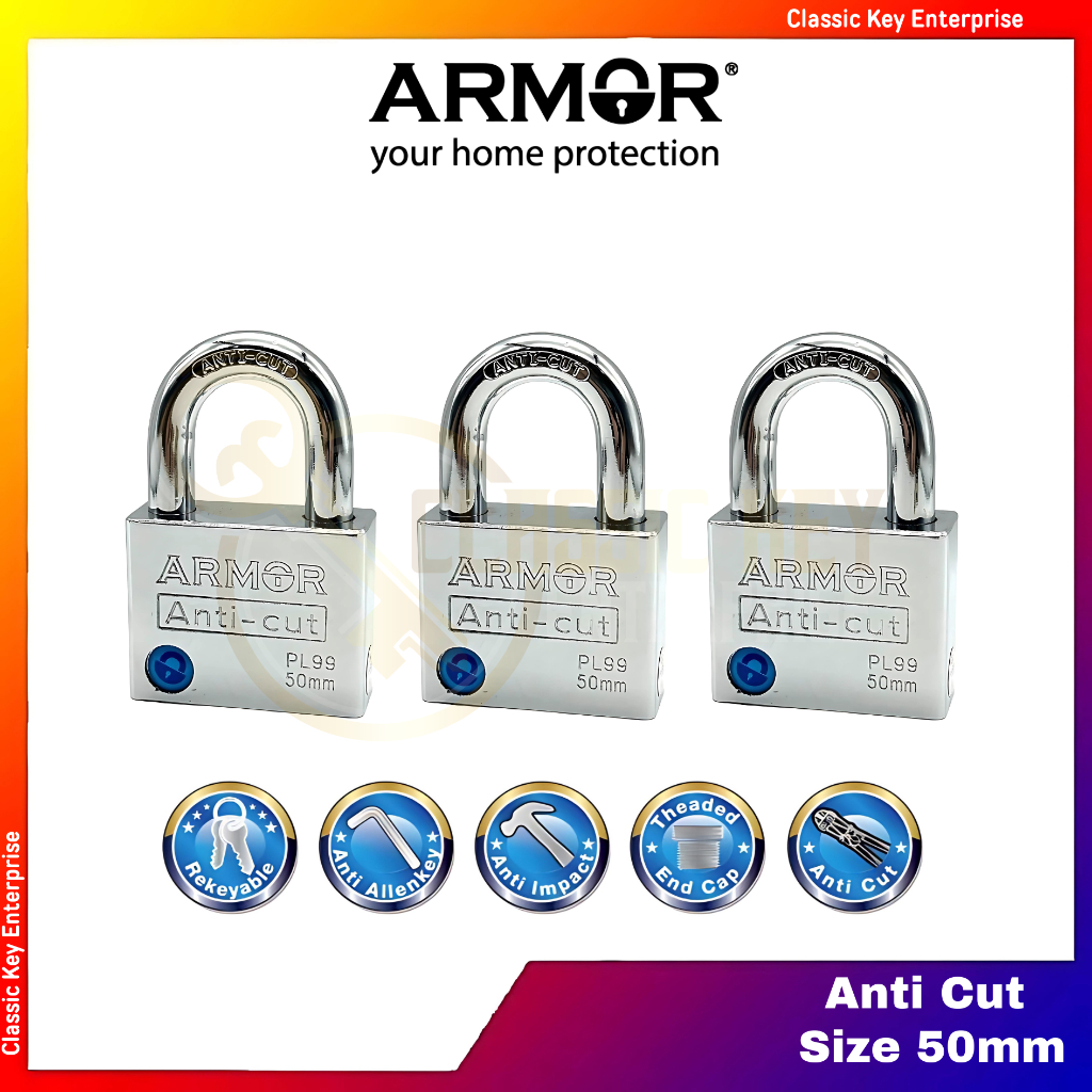 ARMOR Padlock Hardened Steel Body Anti Cut APL-99 (Size 50mm x 3pcs ...