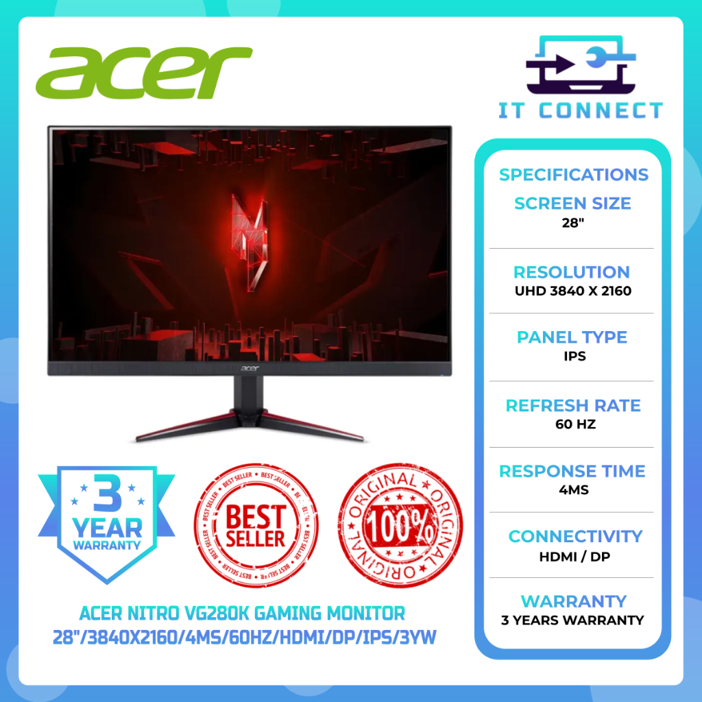 ACER NITRO VG280K 4K Gaming Monitor 28"/3840X2160/4MS/60HZ/HDMI/DP/IPS (3 Years Warranty ...