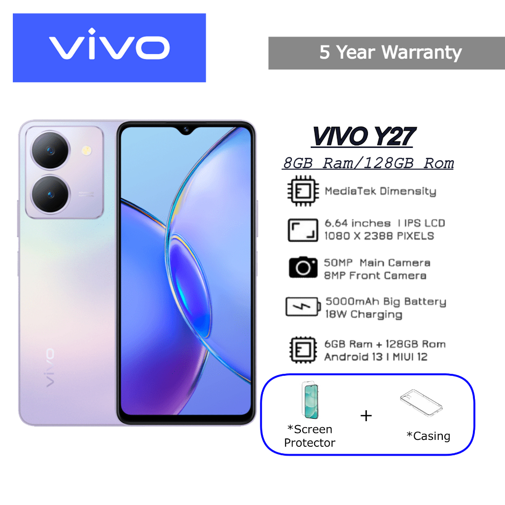 VIVO Y27 5G Smartphone 8+8GB EXTENDED RAM+128GB ROM, 5000mAh, 50MP Fun Camera, 6.64"FHD+ ...