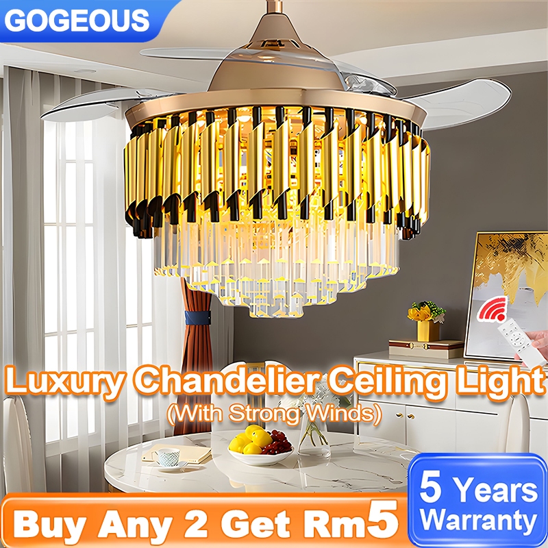 Kipas Lampu Siling Moden Crystal Chandelier Fan Kristal Kipas Ruang ...