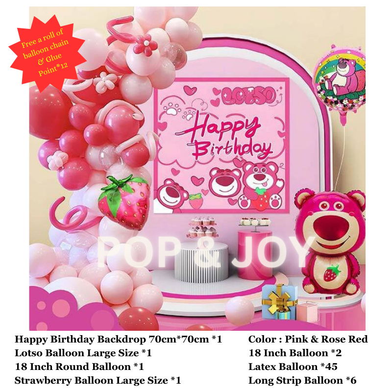 Lotso Strawberry Pink Bear Theme Birthday Balloon Set Party Decoration ...
