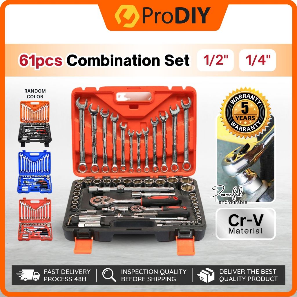 PRODIY 61PCS Combination Spanner socket wrench set ratchet wrench Repair Box Set Hardcase Tool ...