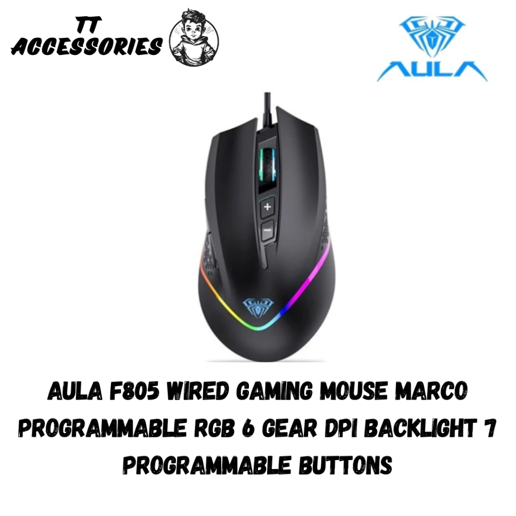 AULA F805 Wired Gaming Mouse Marco Programmable RGB 6 Gear DPI Backlight 7 Programmable Buttons ...