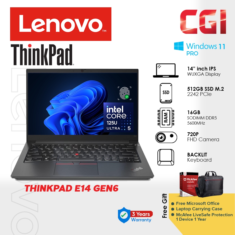 Lenovo 14" Thinkpad E14 Gen 6 ULT5 125U 16GB DDR5 512GB Win11Pro WUXGA IPS with Office 3Y Onsite ...