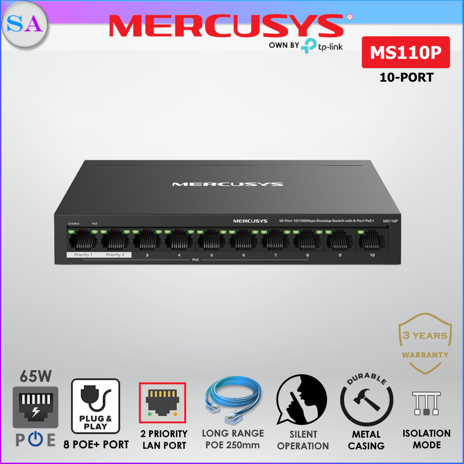 MERCUSYS MS110P 10 Port 10/100Mbps Desktop LAN Switch Steel Housing ...