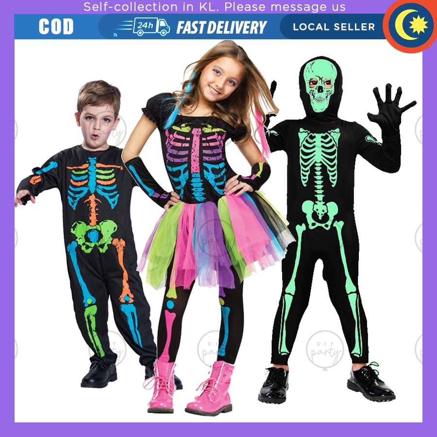 Kids Skeleton Costume Colourful Tutu Dress Glow in The Dark Jumpsuit ...