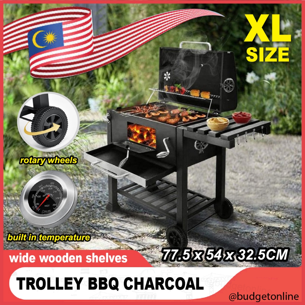 Trolley Charcoal BBQ Grill Smoker Wood Shelf & Temperature Barbecue ...