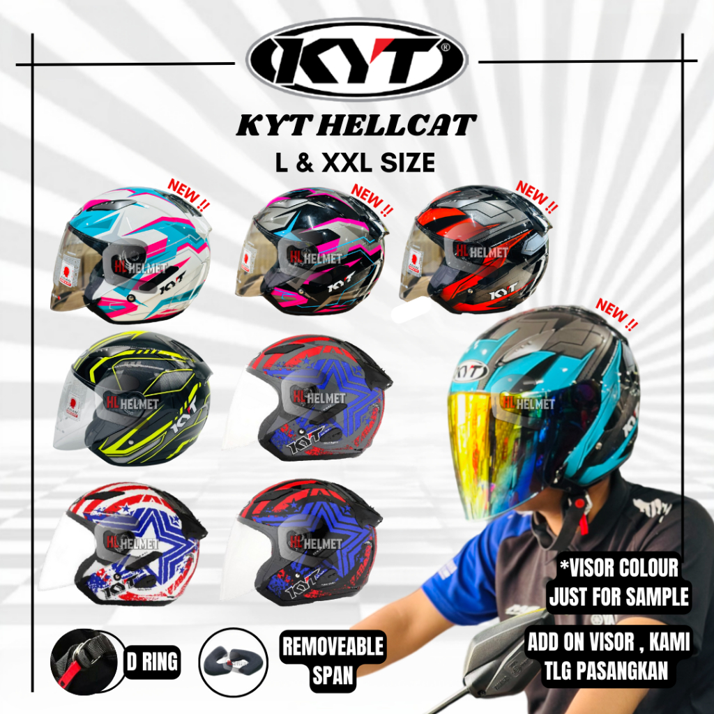KYT HELLCAT HELMET SINGLE VISOR ( HELLCAT STAR WHITE / STAR BLACK ...