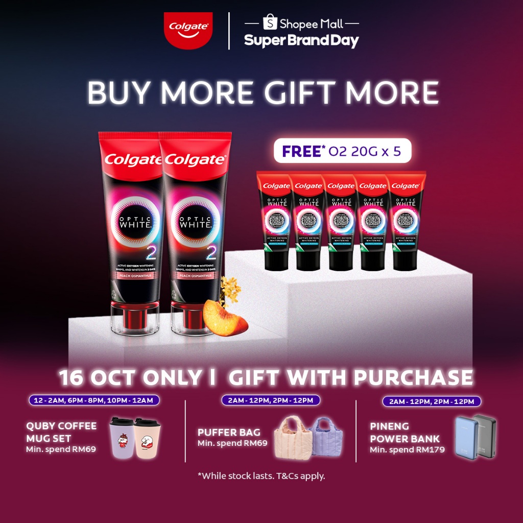 [16 Oct Only] Colgate Optic White O2 Peach Toothpaste 85g x2 FREE O2 20g x5 | Shopee Malaysia
