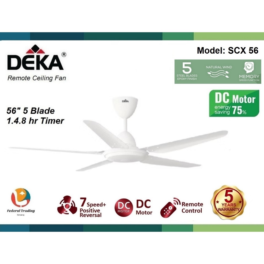 DEKA SCX56 Remote Ceiling Fan 56" 5 White Metal Fan 7 Speed DC Motor ...