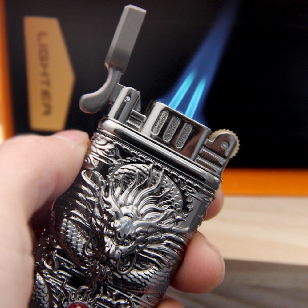 Elegant Dragon Emboss Double Jet Blue Flame Butane Gas Lighter | Shopee ...