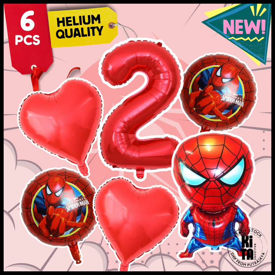 6 pcs - Spiderman Set Number Balloons Helium Red Theme Tema Belon Merah ...