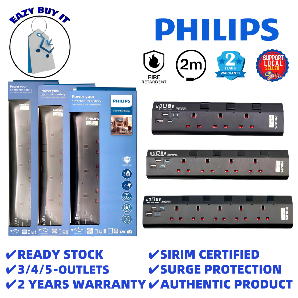 PHILIPS 3/4/5-GANG EXTENSION SOCKET SURGE PROTECTION WITH 2x USB-A + 2x ...