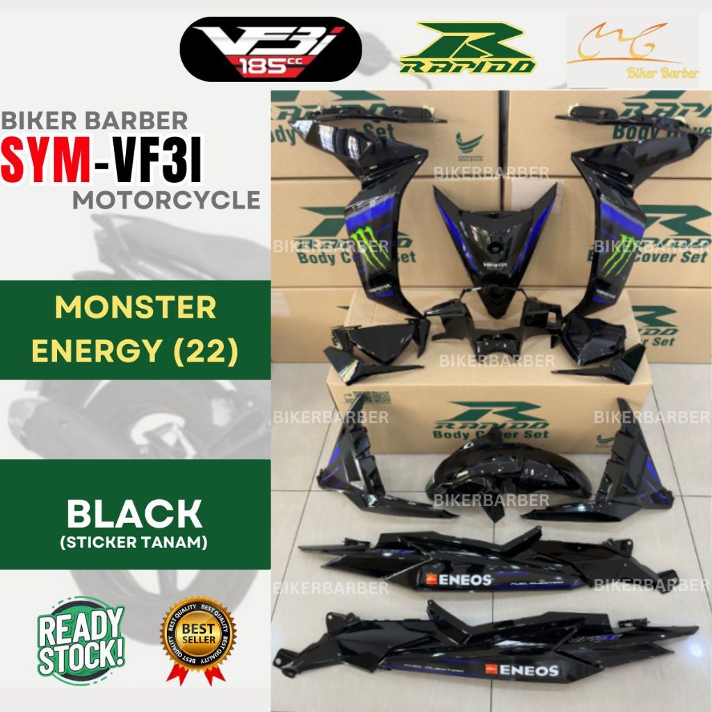 RAPIDO Coverset Sym Vf3i-185 Monster Energy (22) Black Body Cover Set (Sticker Tanam) Vf3i ...