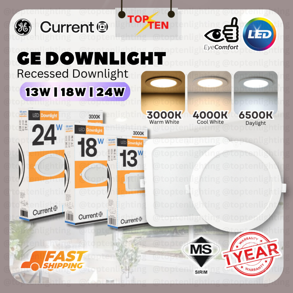(SIRIM) GE Lampu Siling LED Downlight Tertanam – 13W / 18W / 24W (5 ...