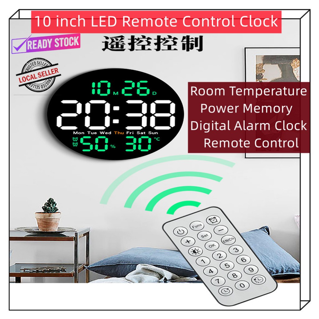 10 inch LED Remote Control Clock Digital Wall Alarm Clock Living Room ...
