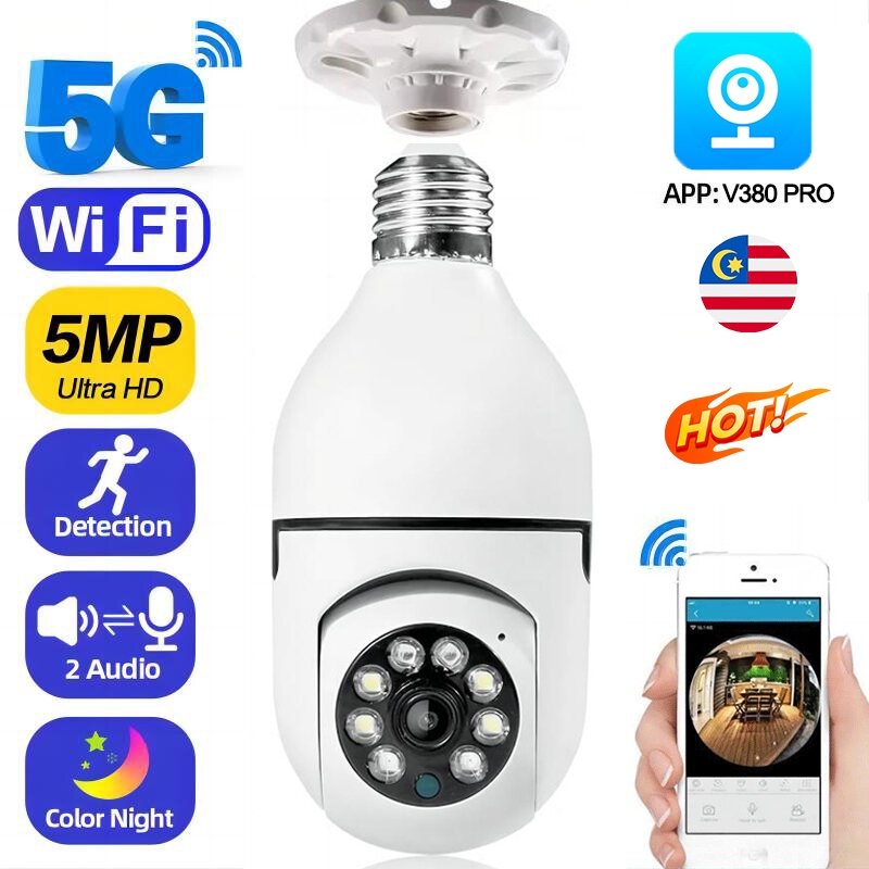 Bulb CCTV Camera Wireless WIFI 5G 5MP 360° 4K PTZ Security Cam IR Night ...