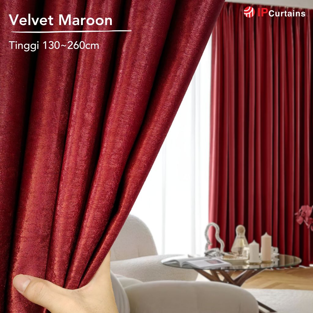IP CURTAIN VELVET Langsir 80% Blackout Warna Burgandy Maroon Siap Jahit ...
