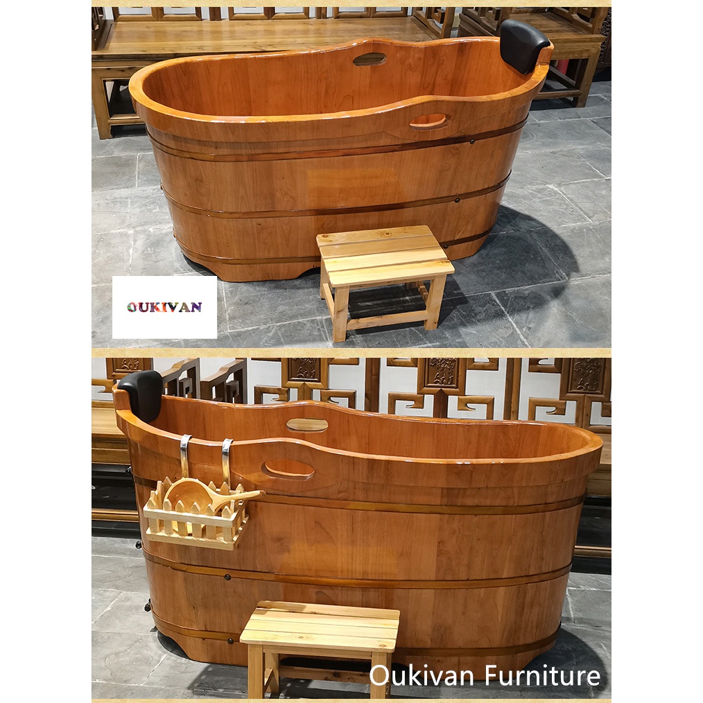 Solid Wood Bath Tub Tab Mandi Kayu Asli Home Sauna With Seat PU Pillow ...