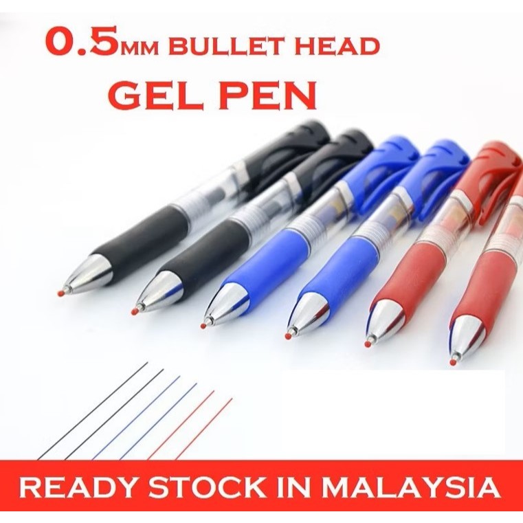 Gel Pen Red Blue Black Retractable refillable bullet pens Merah Biru ...