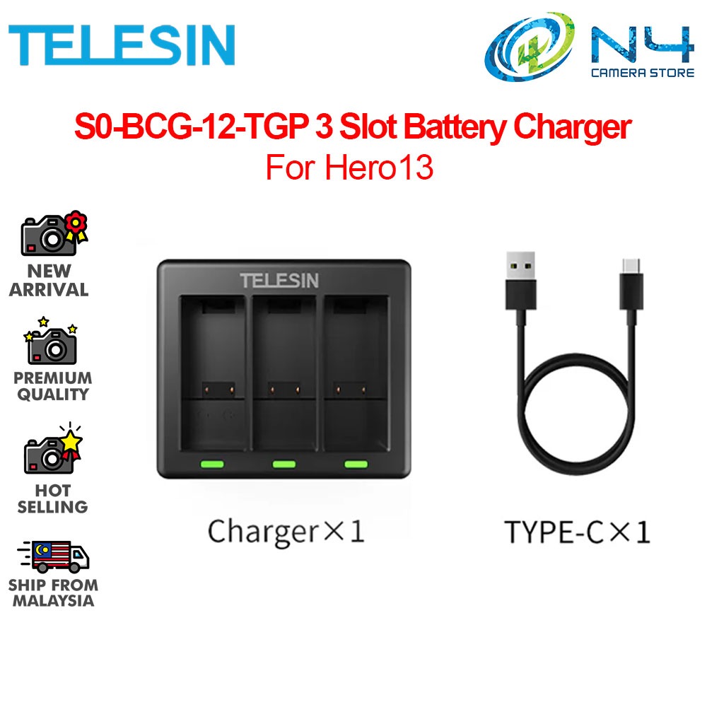 TELESIN 3 Way Battery Charger GP-BCG-902 For GoPro Hero12/11/10/9 , S0-BCG-12-TGP For GoPro HERO ...