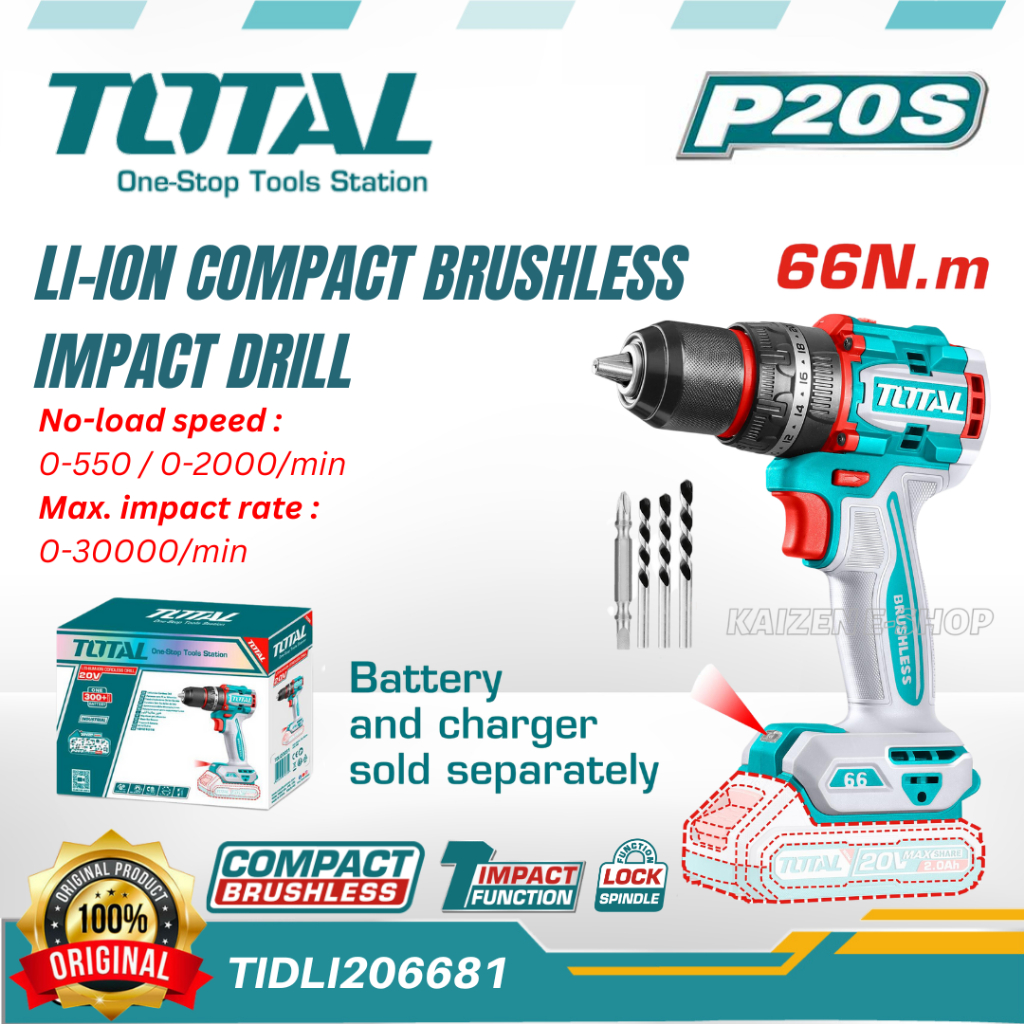 TOTAL TIDLI206681 / TIDLI20668 P20S 20V Li-on Brushless Impact Drill ...