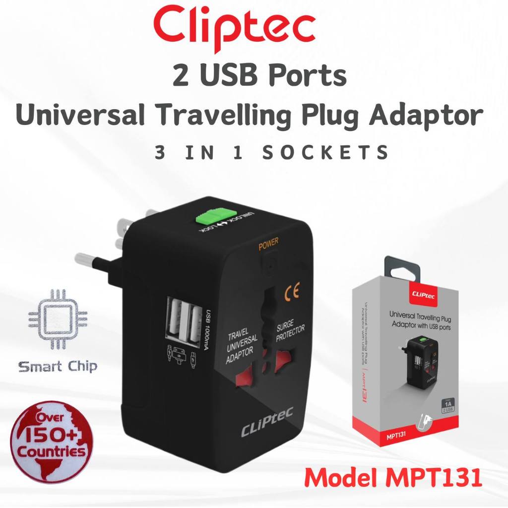 CLiPtec Universal Travelling Plug Adapter with 2 USB Ports MPT131, 3-in ...