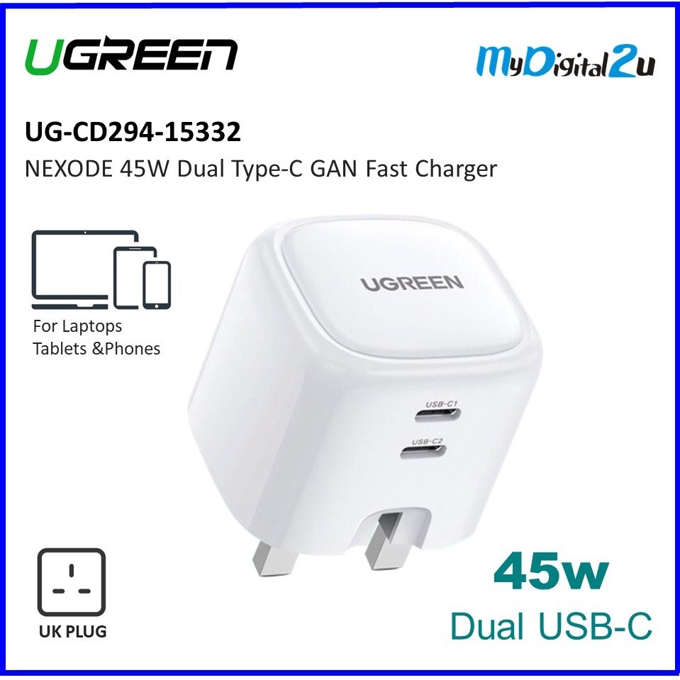 UGREEN *UG-CD294-15332 NEXODE 45W Dual Type-C GAN Fast Charger UK Plug ...