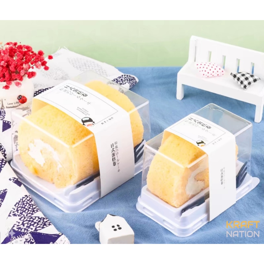 [Premium] Plastic Cake Box / Swiss Roll Tray with Clear Lid with Fork ...