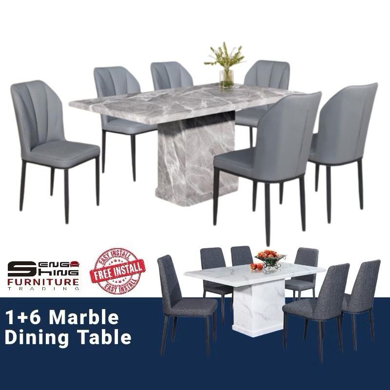 [SIAP PASANG] SENG HING 1+6 Marble Rectangle Dining Table Set /1+6 ...