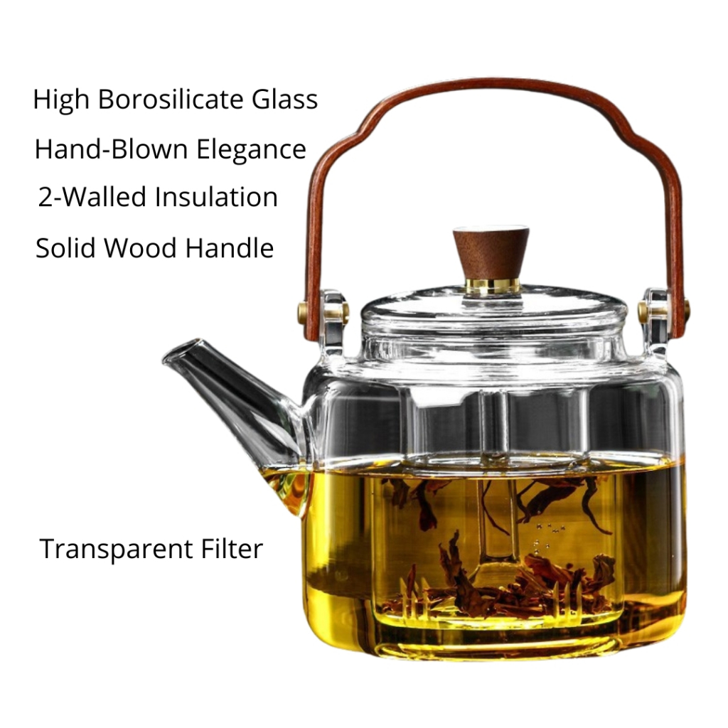 Elegant High Borosilicate Glass Teapot with Transparent Filter Wooden ...